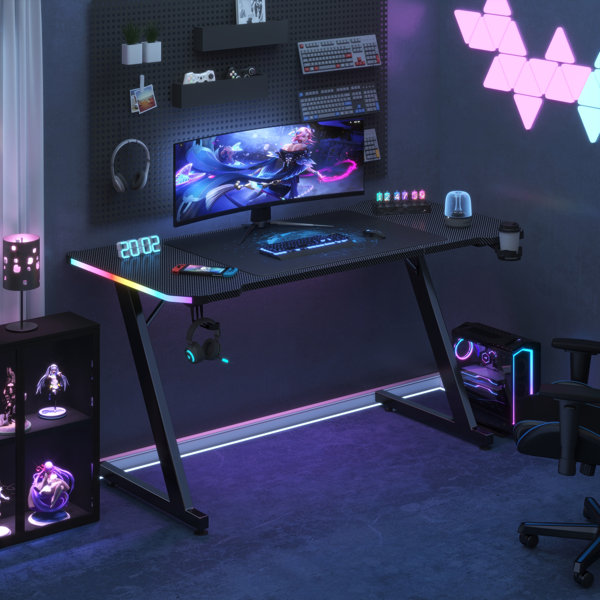Inbox Zero Edica Carbon Fibre Surface LED Gaming Computer Desk with Cup ...