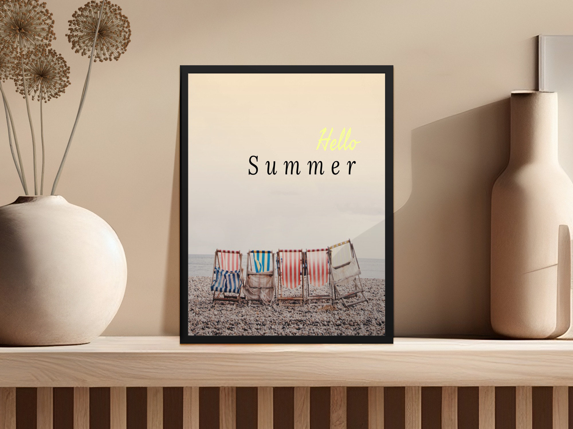 Brayden Studio Hello Summer Beach Chairs Scenic Landscape Framed Poster ...