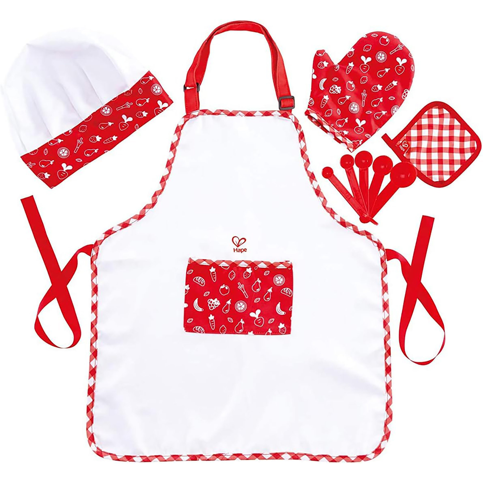 Hape: Chef Pack - 5pc Outfit Set, Red & White, Kitchen Dress Up Toy ...
