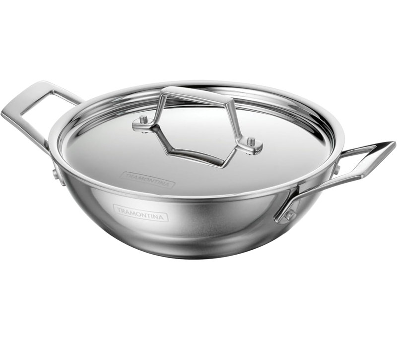 Tramontina Utsava Tri-Ply Clad Stainless Steel Kadai with Lid, Kadhai ...