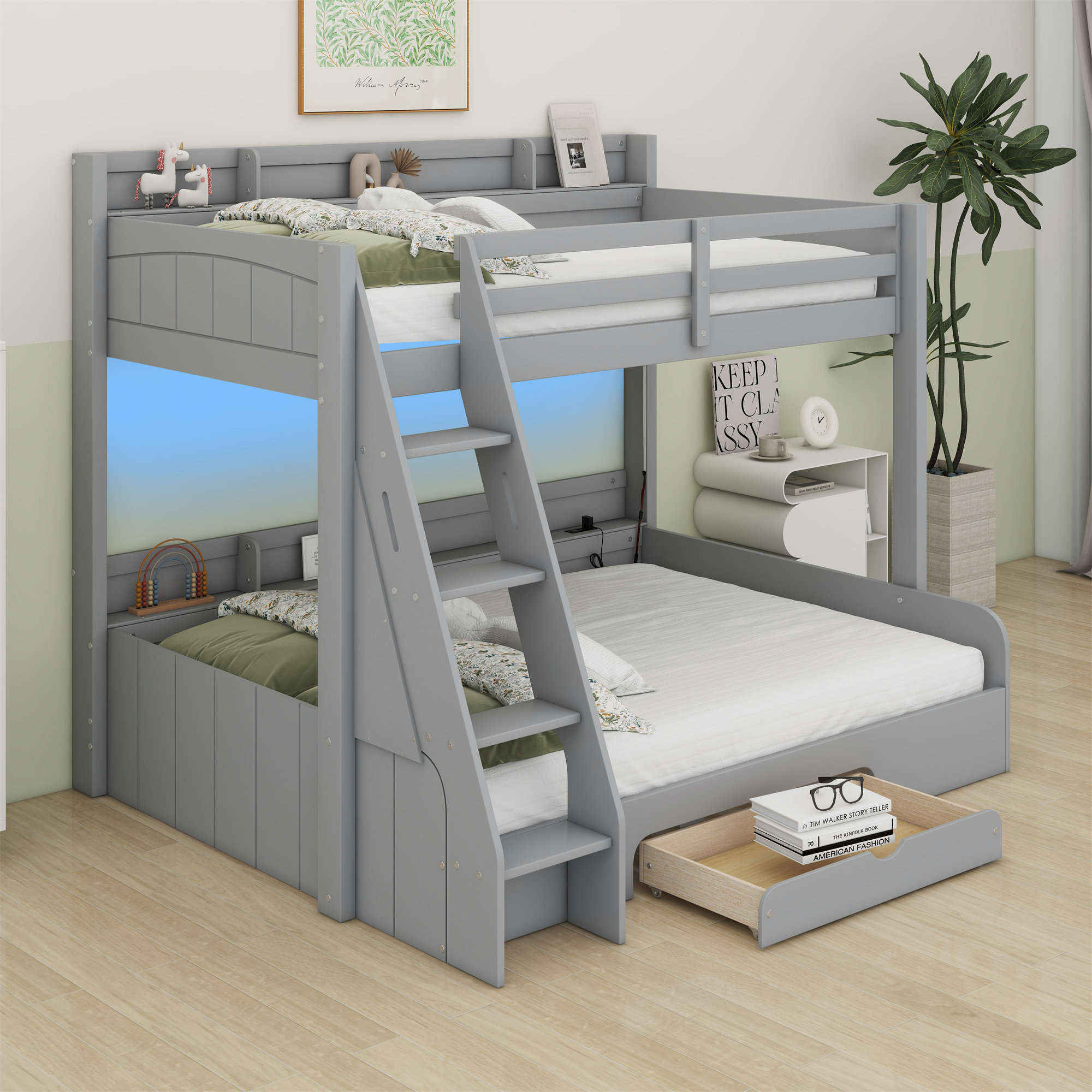 YISONHO Bunk Bed With Storage Shelves, LED, Charging Station And A ...