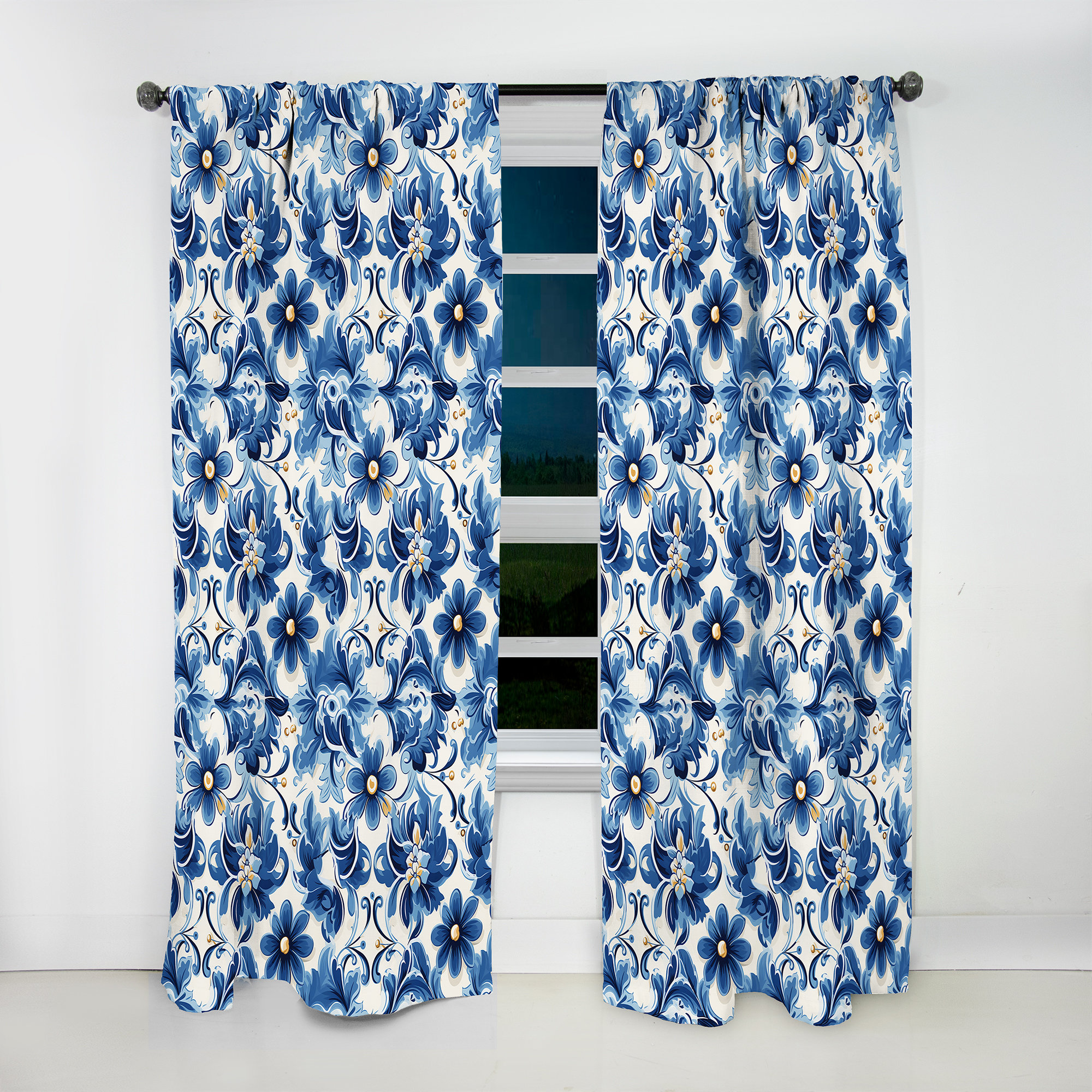 Design Art Blue Mediterranean Tiles Flowers - Floral Curtain - Velvet ...