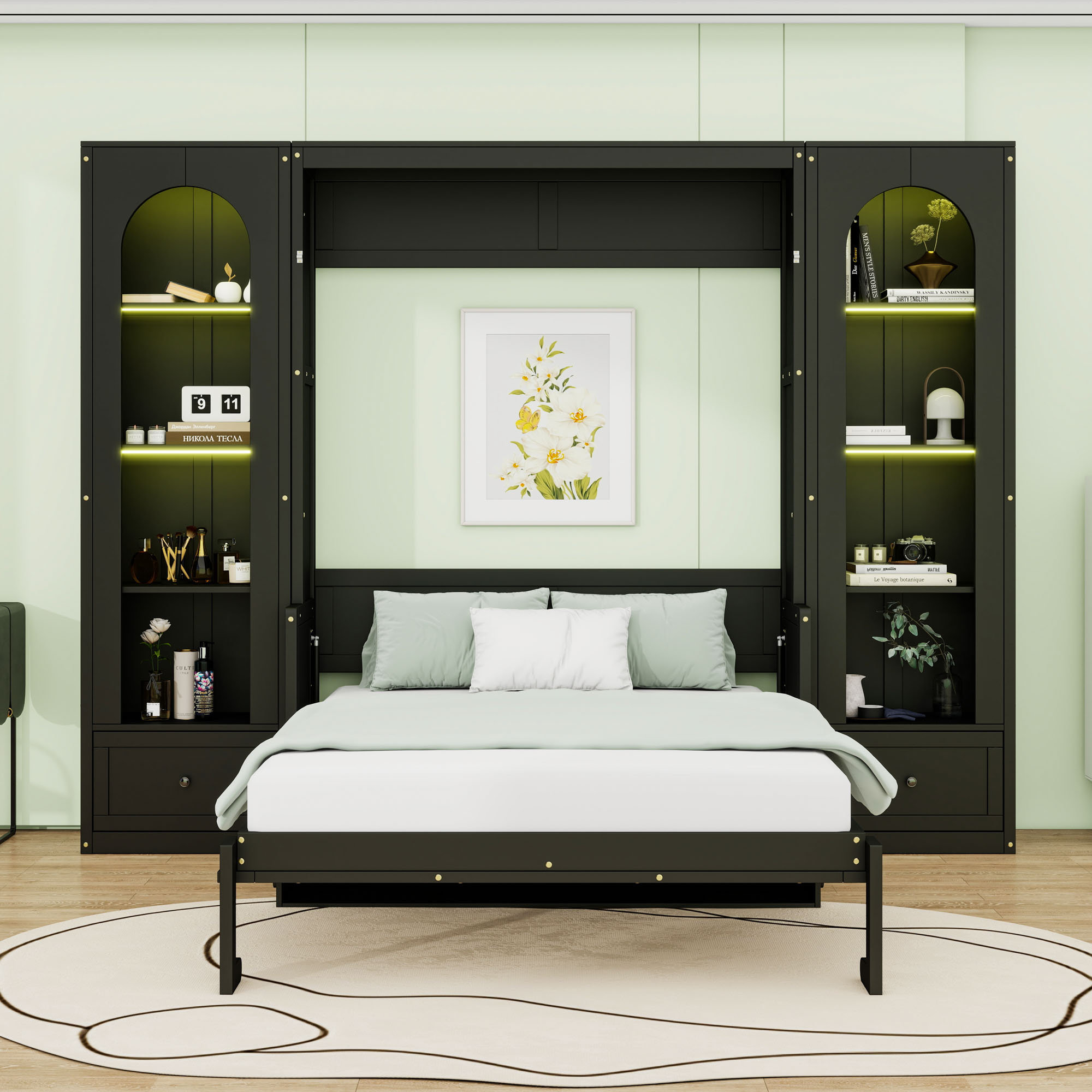 Red Barrel Studio Queen Wooden Murphy Platform Bed with LED Light ...