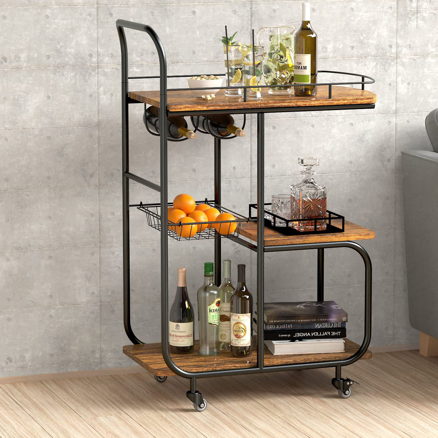 17 Stories 3 Tier Industrial Rolling Bar Cart for Home with Wheels and ...