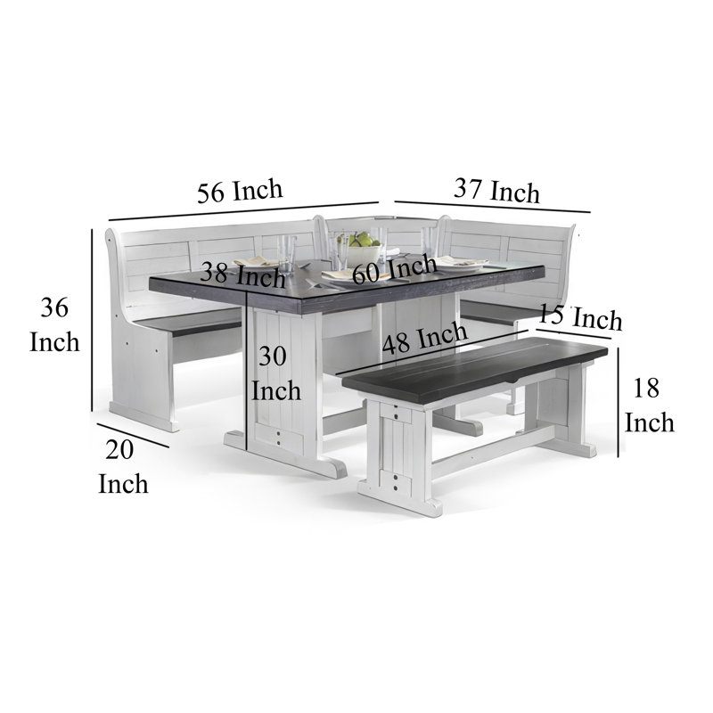 Benjara Orso 4Pc Breakfast Nook Dining Table Set, Corner Bench, White ...