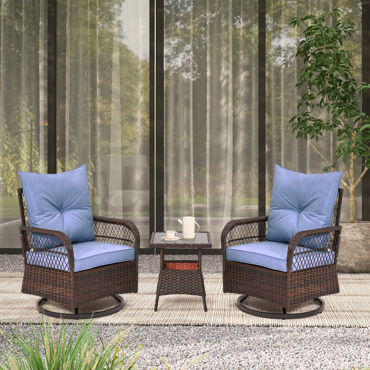 EROMMY 3 Pieces Patio Swivel Rocker Rattan Chairs, Outdoor Swivel ...