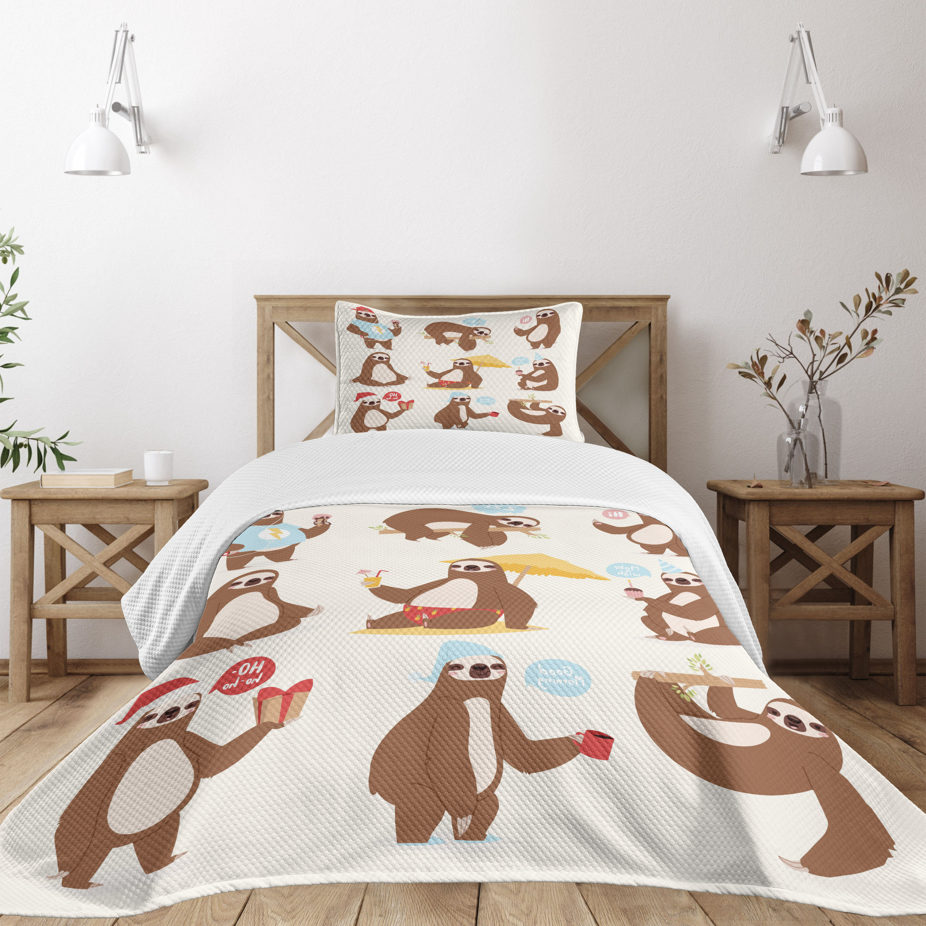 Ambesonne Sloth Bedspread Set Funny Sluggard Animal Brown Pale Pink ...