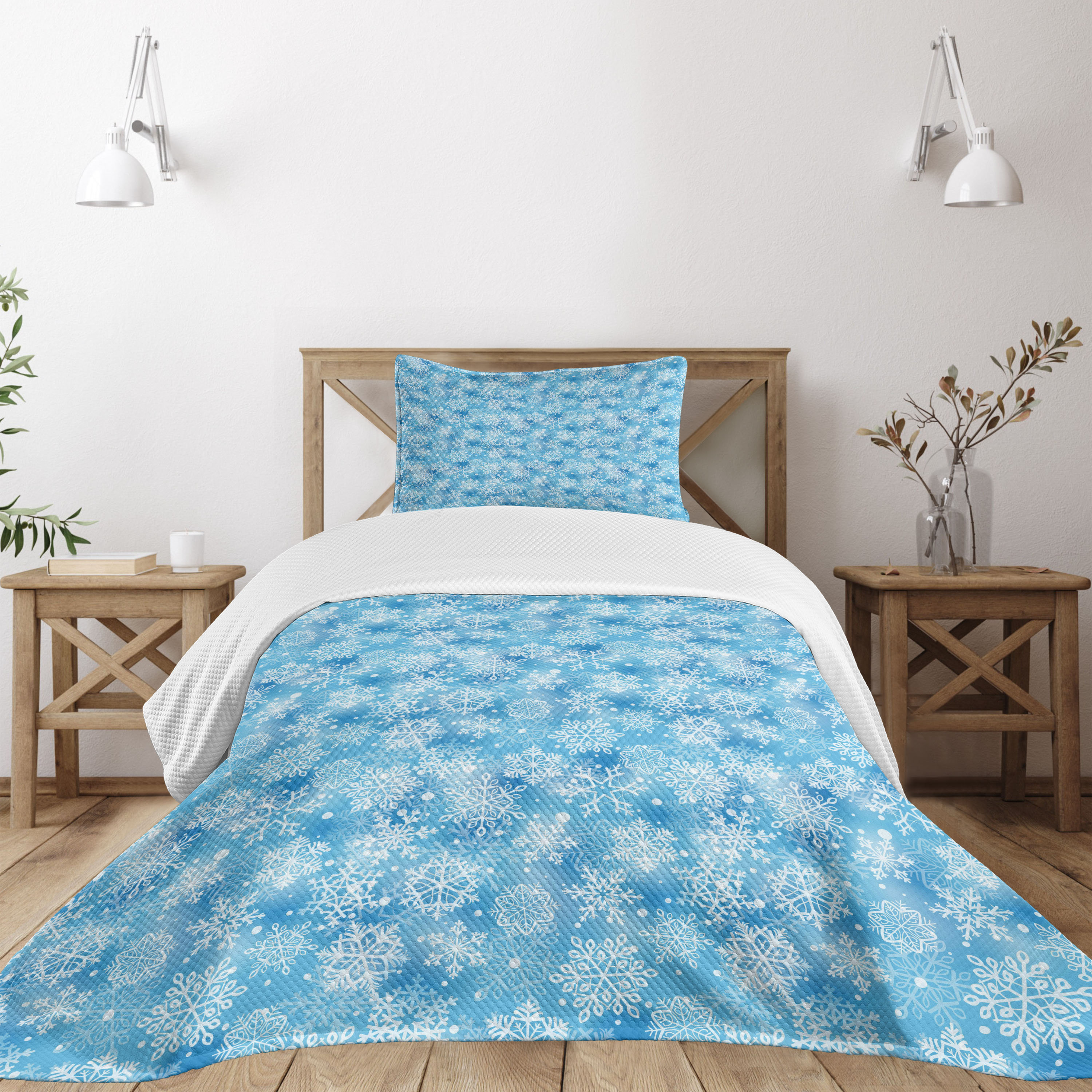 Ambesonne Snowflake Bedspread Set Pattern of Winter Pale Blue White ...