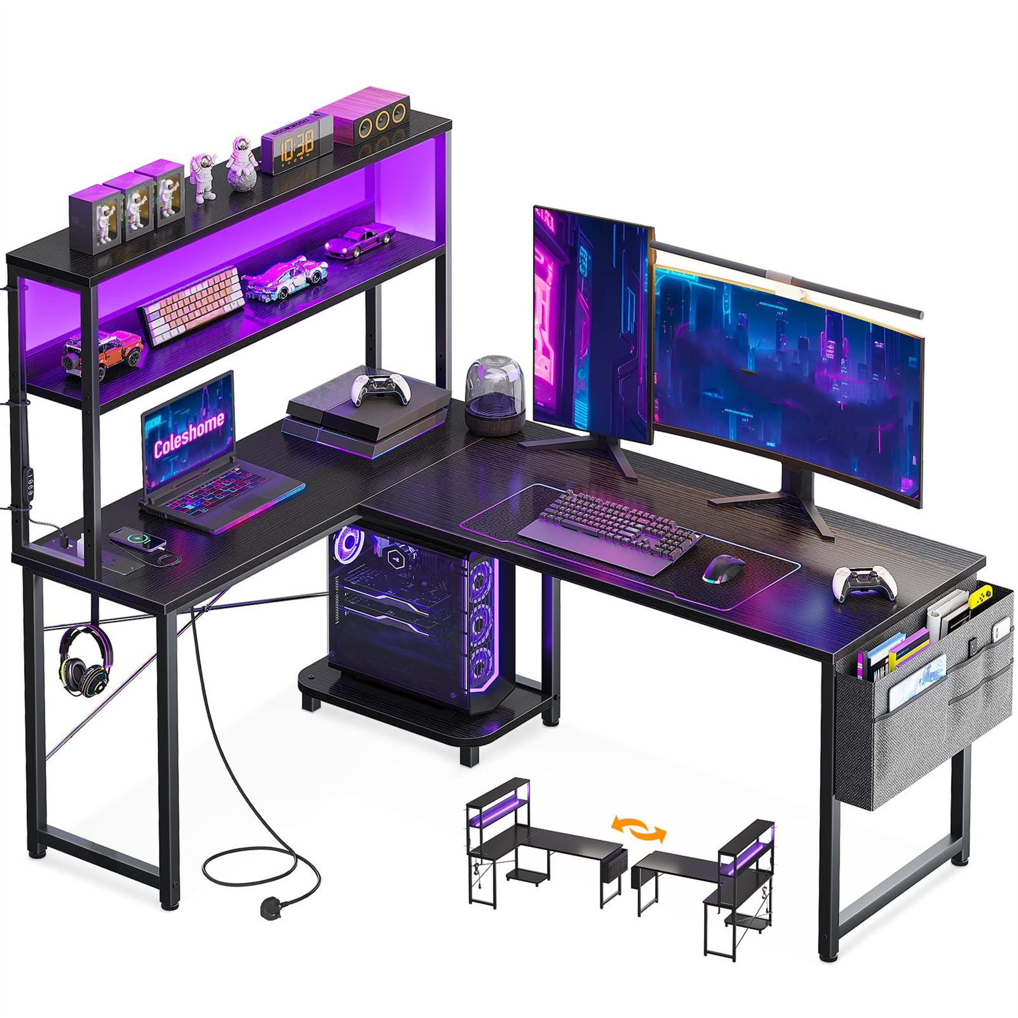 Inbox Zero L Shaped Gaming Desk With LED Lights Power Outlet ...