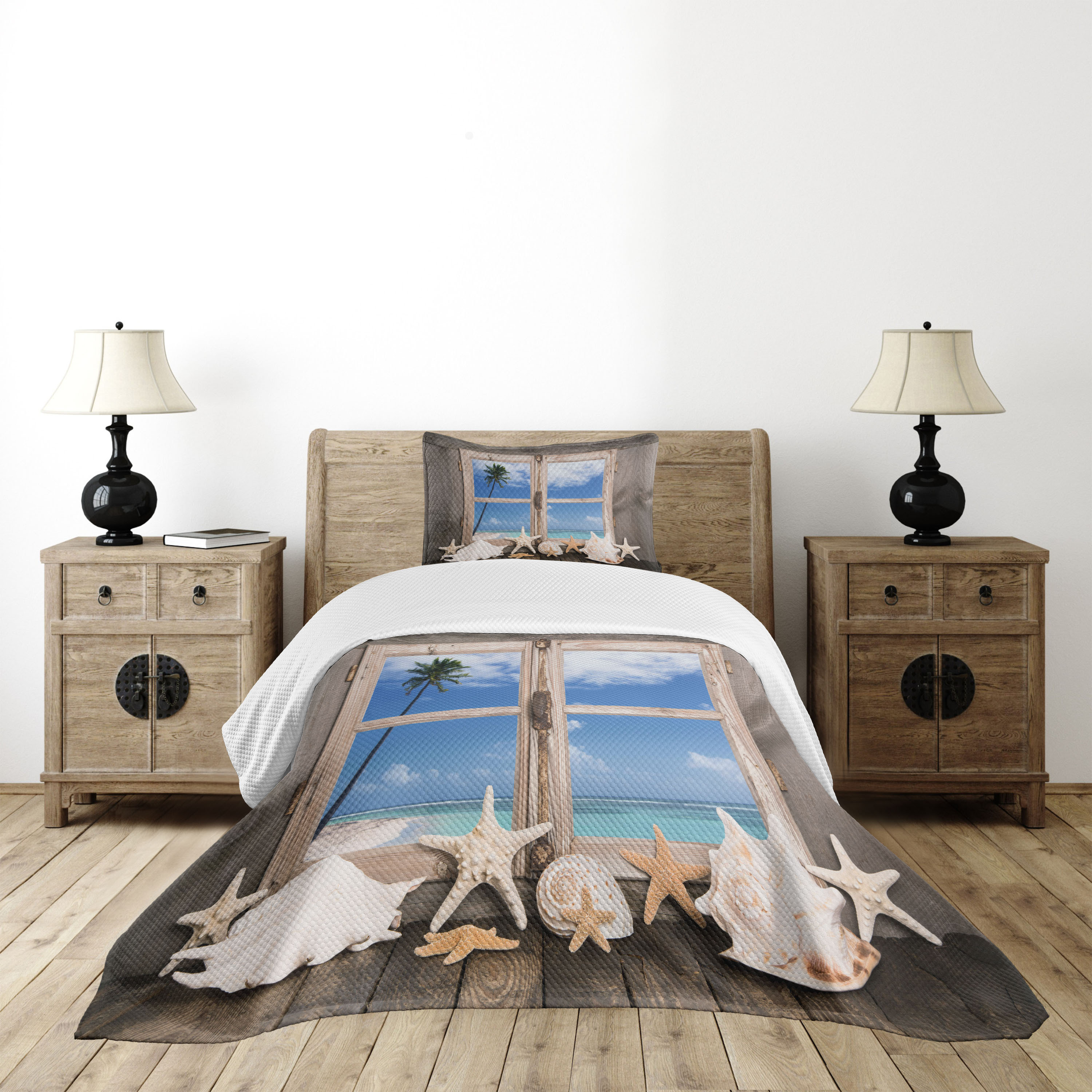 Ambesonne Beach Bedspread Set Seashells Starfish Palms Pale Brown Sky ...