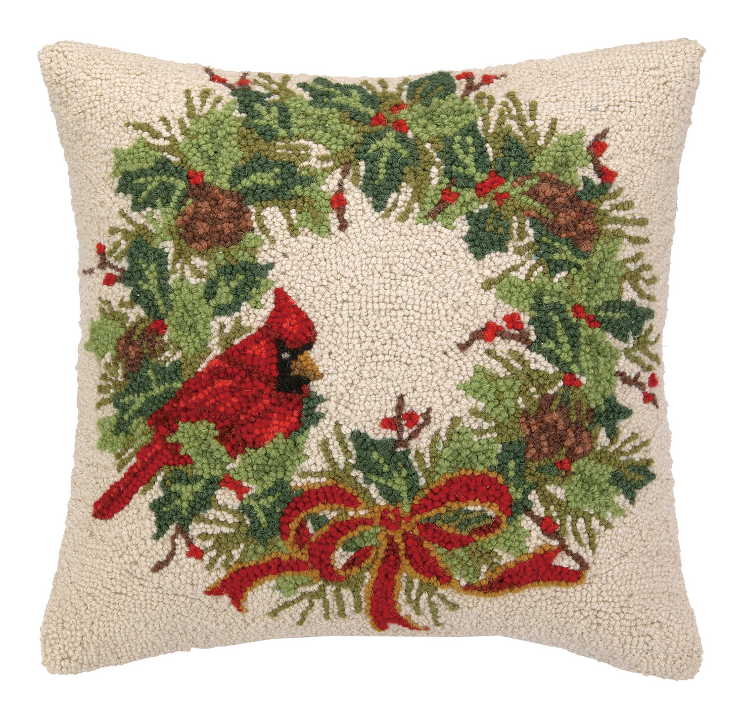 Peking Handicraft Cardinal on Wreath Hook Wool Throw Pillow | Wayfair