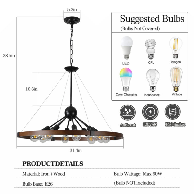 Myhomekeepers 8-Light Circular Chandelier Lighting (No Bulbs) | Wayfair