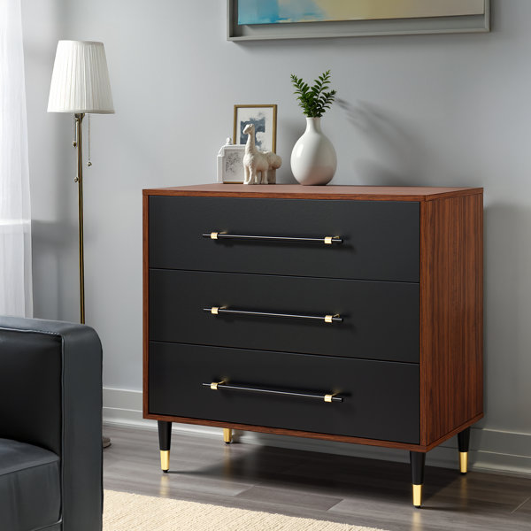 George Oliver 3 Drawer Mid Century Modern Bedroom Dressers with Black ...