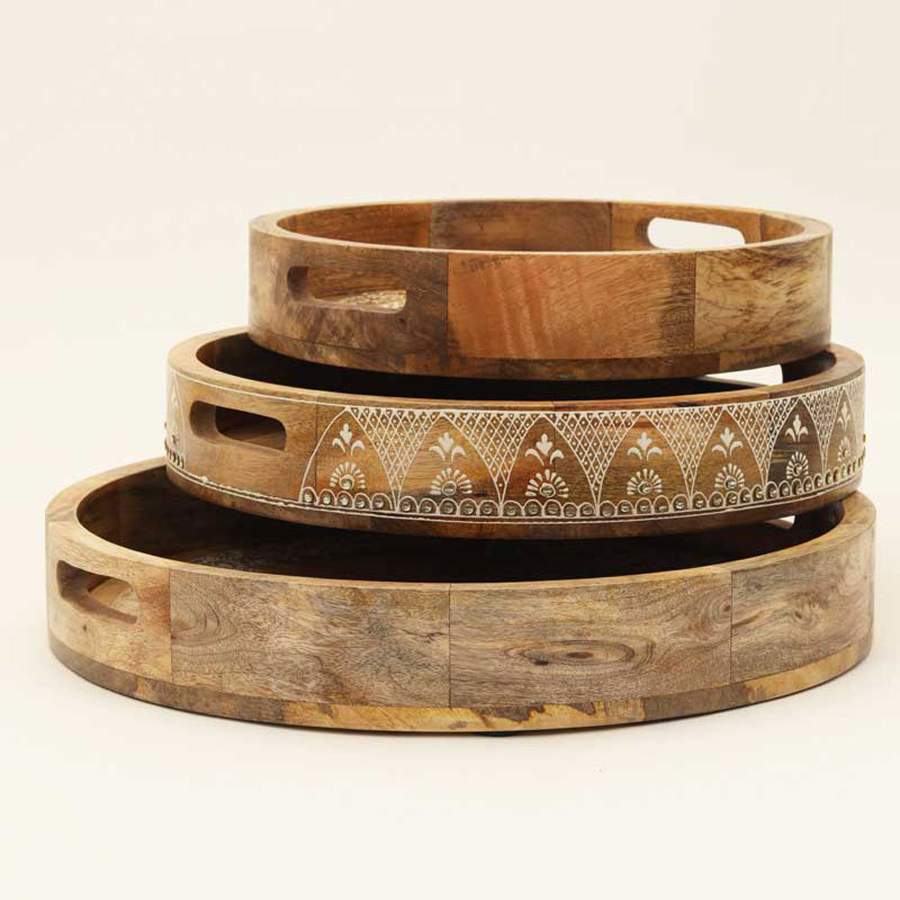 Bungalow Rose Ensemble de 3 plateaux ronds en bois (emboîté) / finition ...