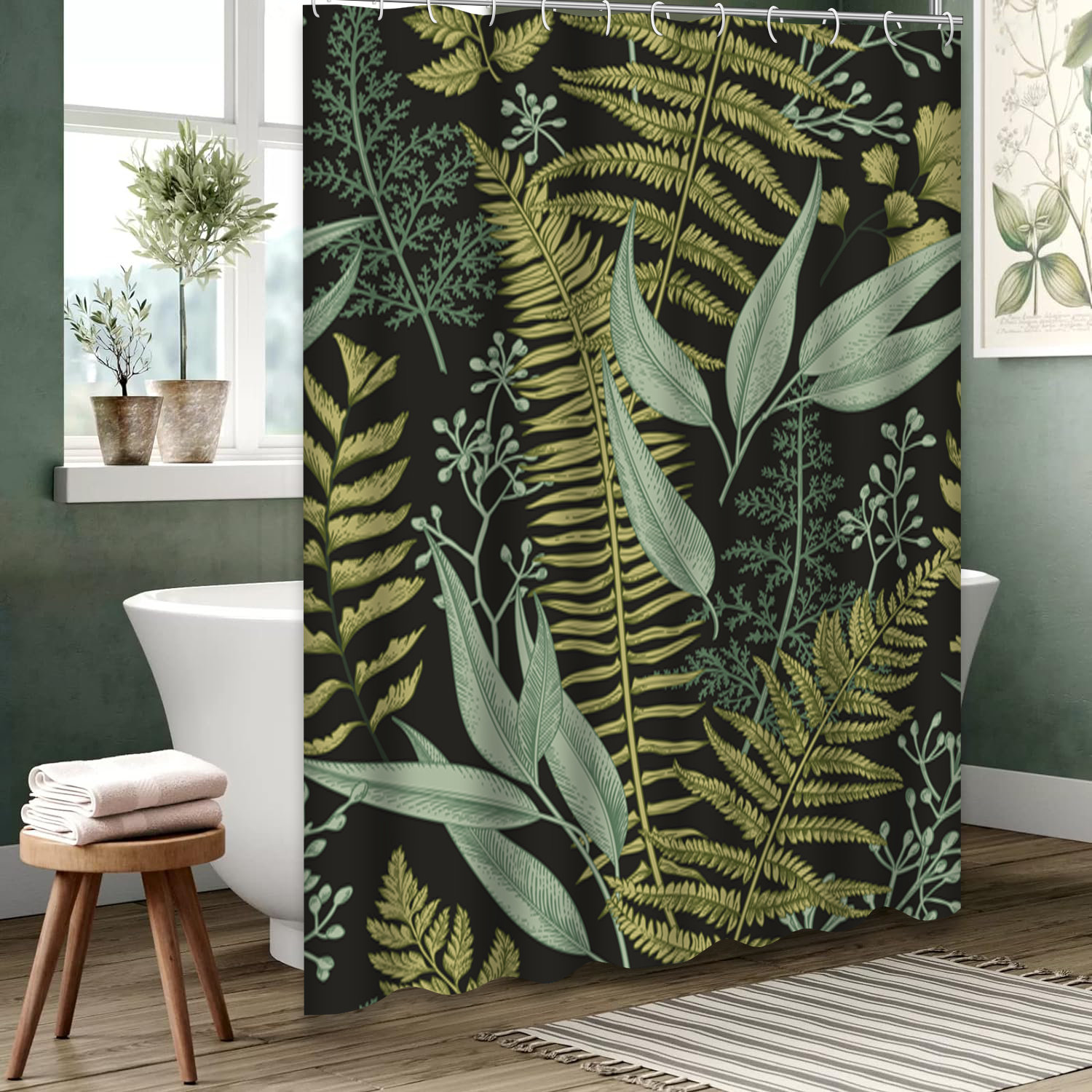 East Urban Home Fern Green Vintage Floral Shower Curtain, 12 Hooks ...