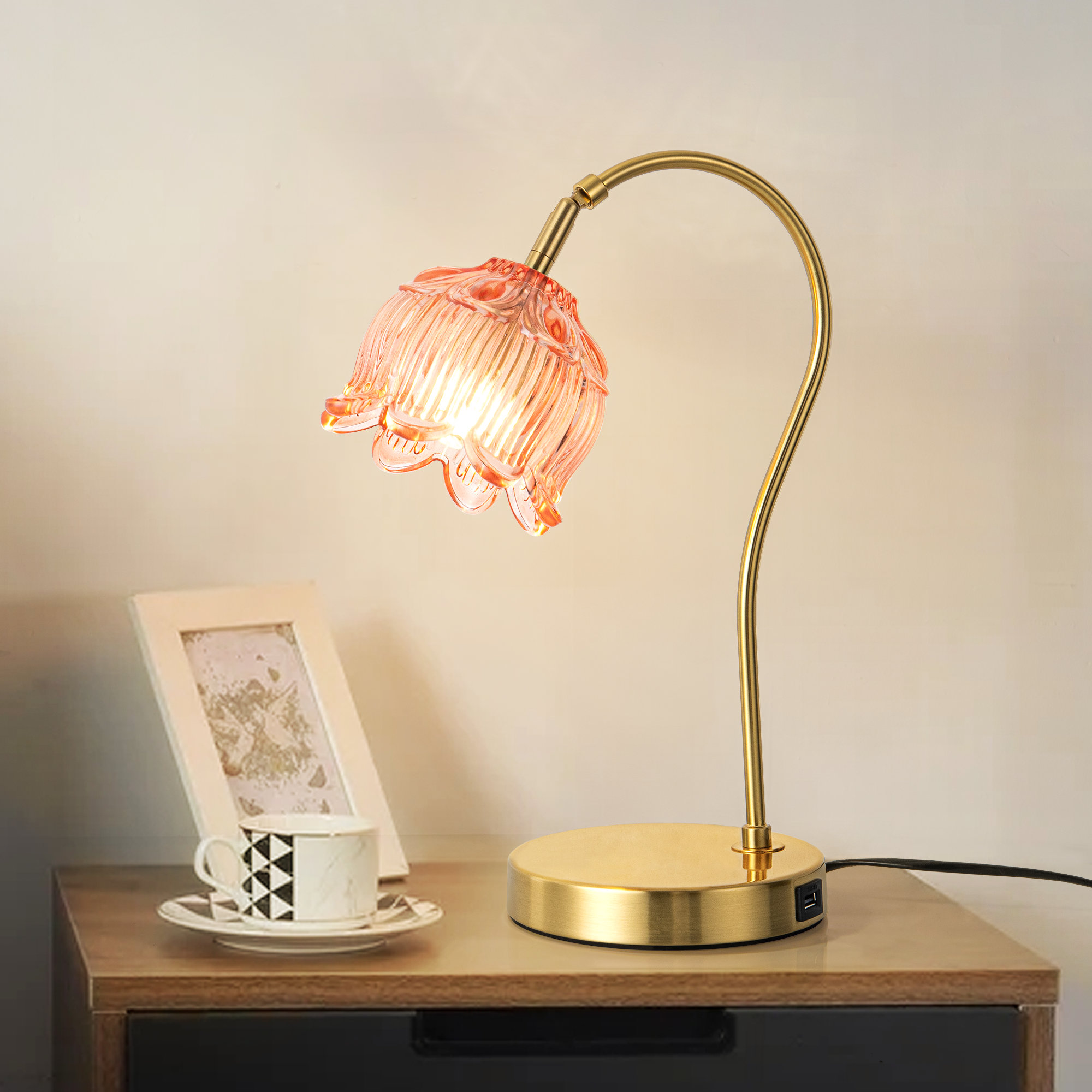 House of Hampton® Deangelia Pink Flower Glass Table Lamp Gold Metal ...