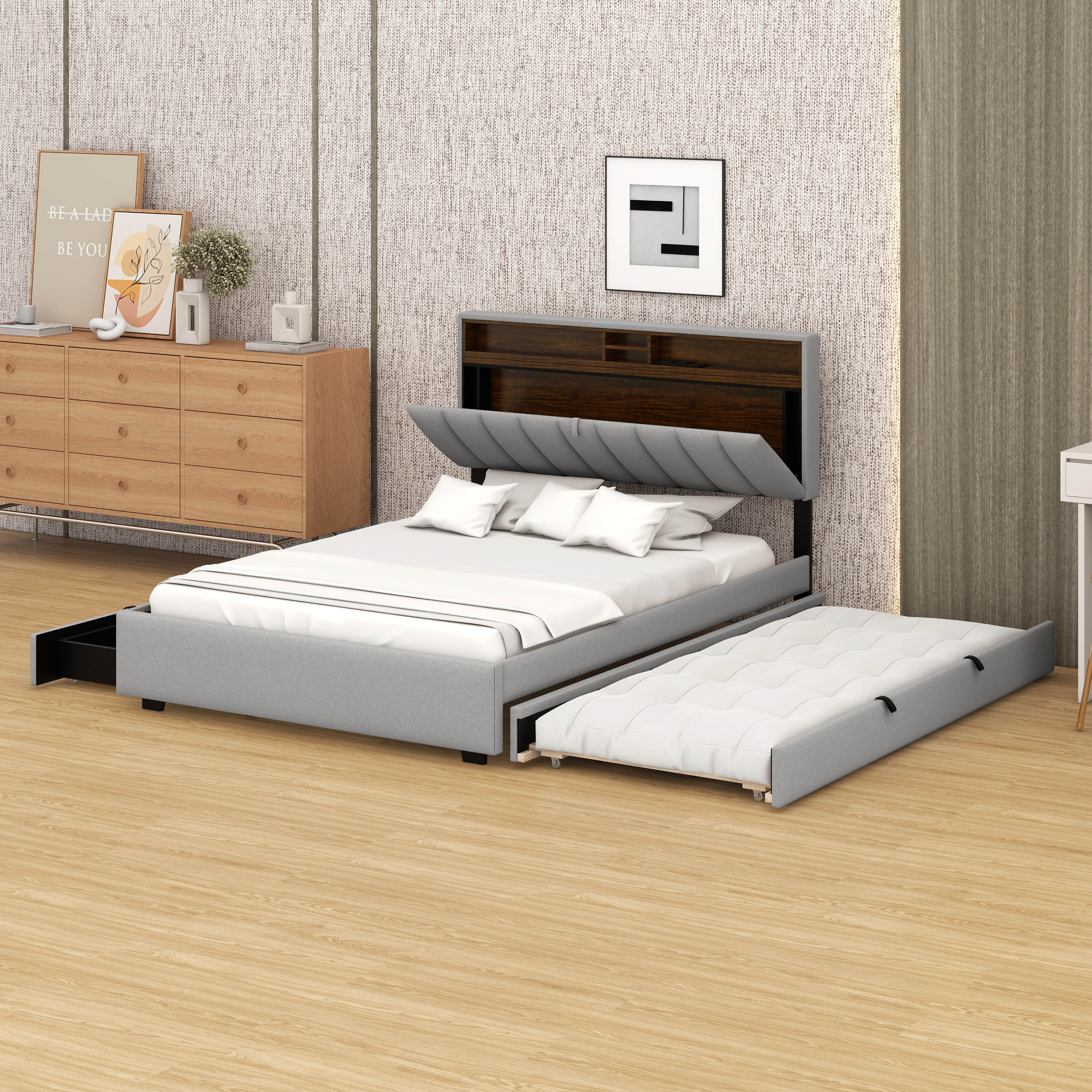 Latitude Run® Linen Upholstered Platform Bed–Storage Headboard,Trundle ...
