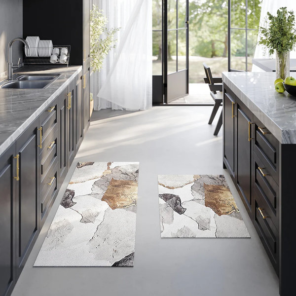 Mercer41 2 Pieces Modern Gold Kitchen Runner Mats Non-slip Abstract ...
