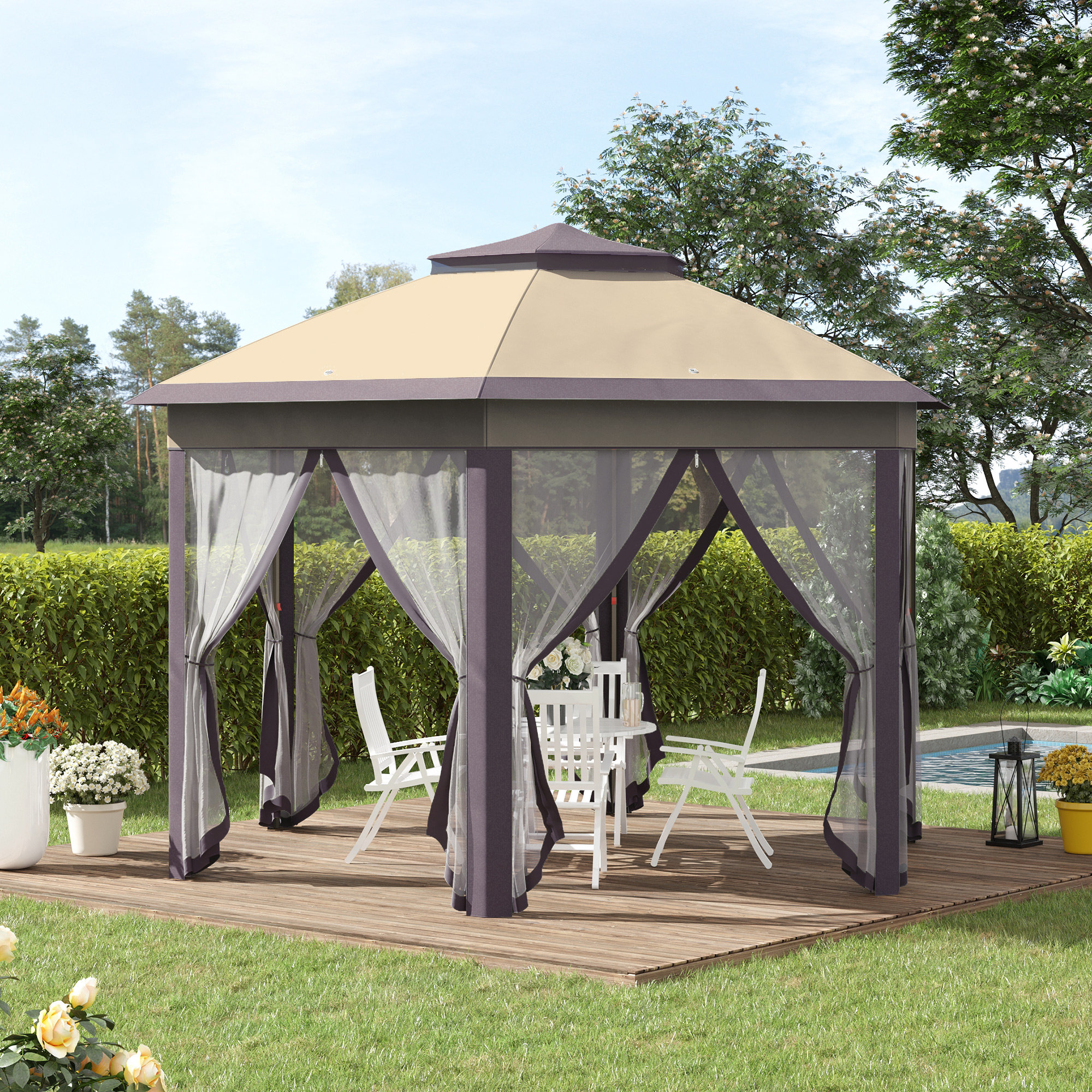 SHANRUGUOJI 13' X 13' Pop Up Gazebo, Hexagonal Canopy Shelter With 6 Zippered Mesh Netting ...