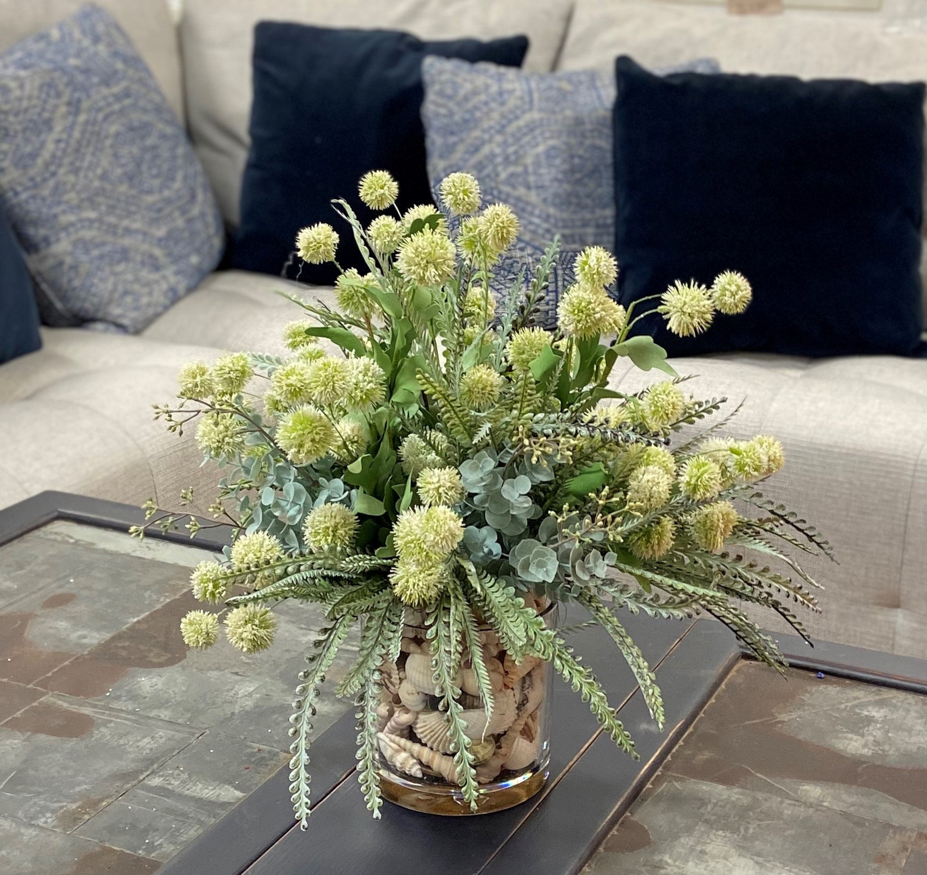 Beachcrest Home™ Eucalyptus and Pom Poms in Shell Vase & Reviews | Wayfair