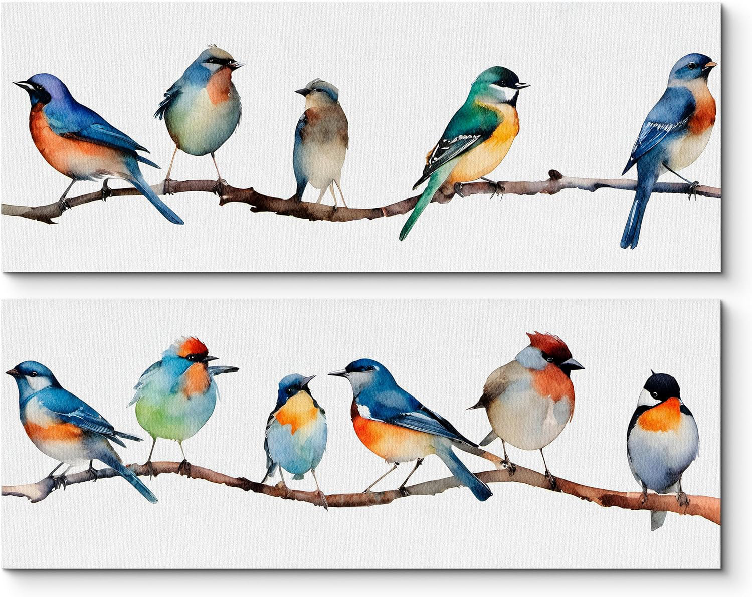 IDEA4WALL Colorful Watercolor Birds On Limb On Canvas 2 Pieces Print ...