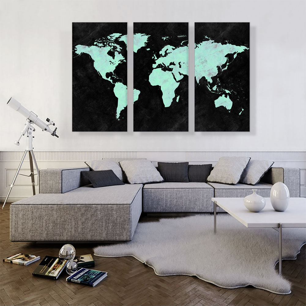 ARTCANVAS Teal Black World Map - 3 Piece Wrapped Canvas Graphic Art ...