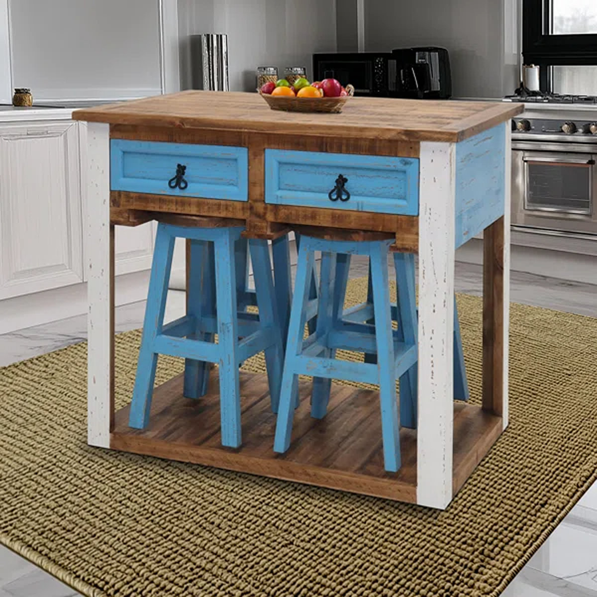 Gracie Oaks Markela Kitchen Island with Four Stools | Wayfair