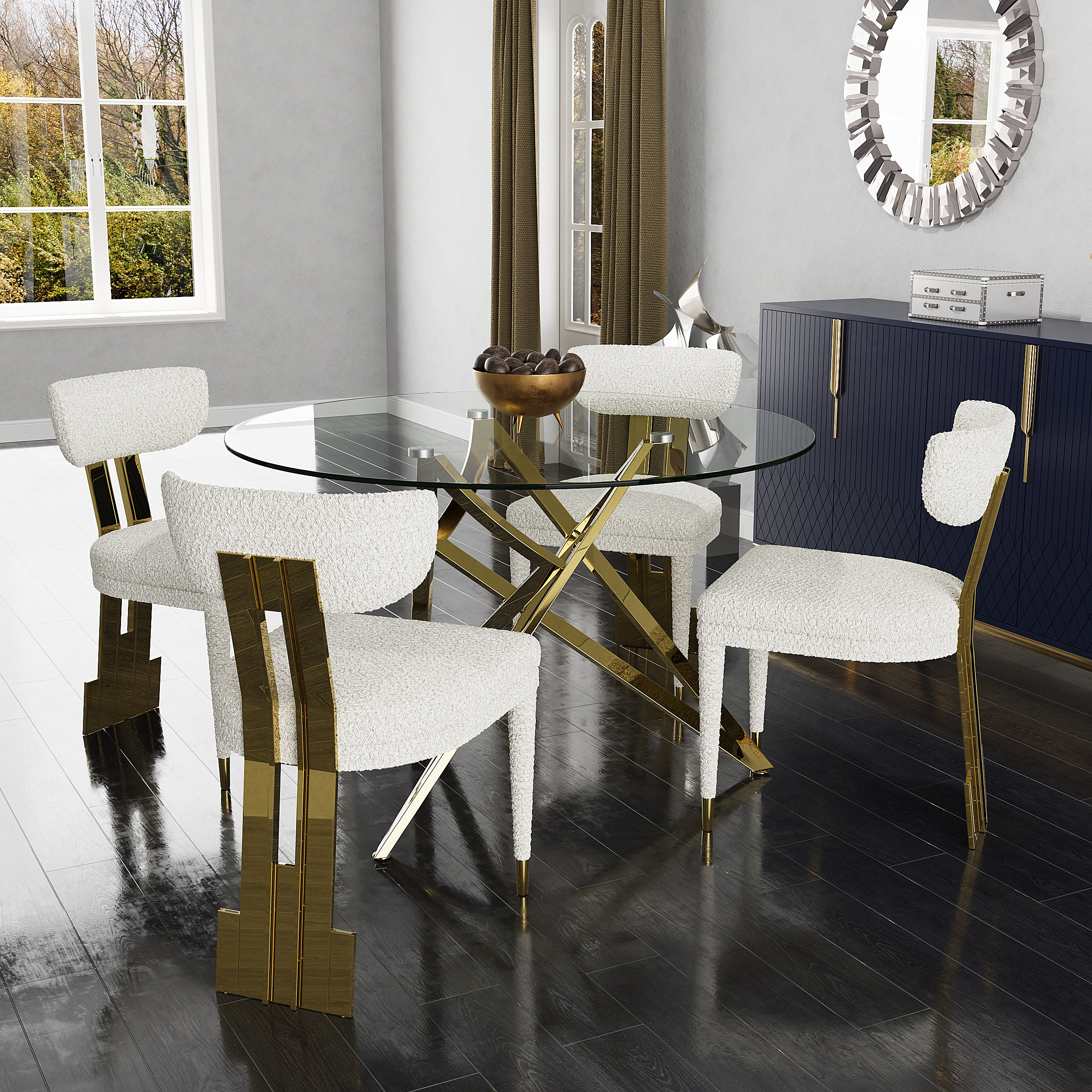 Everly Quinn 5-Piece Gold Dining Table Set, Round Glass Dining Table ...