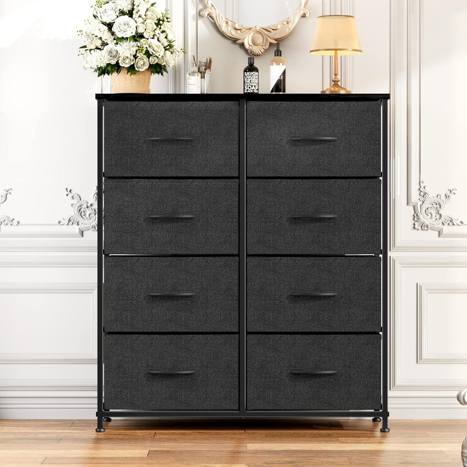 Ebern Designs Smug Tall Dresser With 8 Fabric Drawers, Wooden Top ...