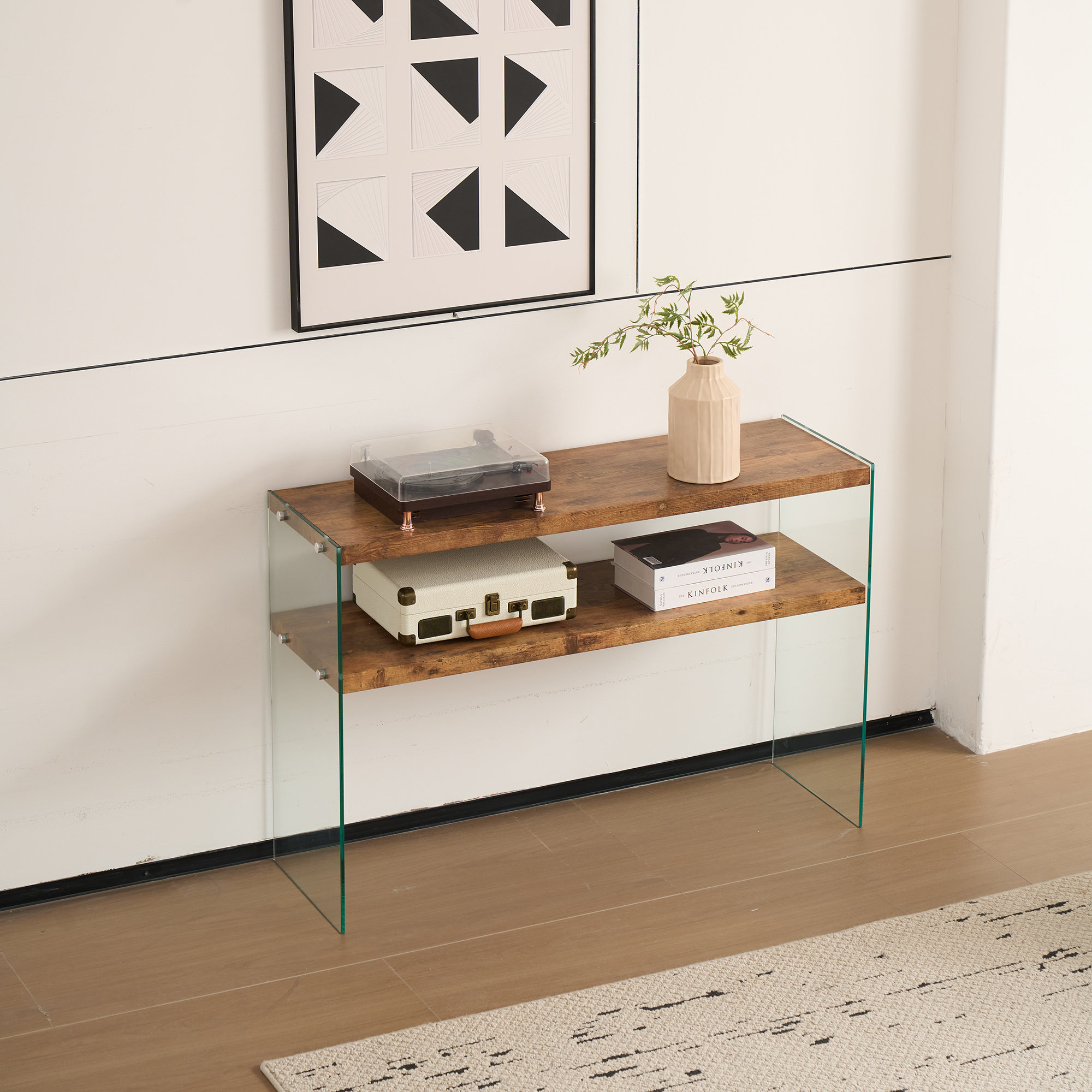 Dakota Fields Multi-function Glass Console Table Walnut Modern Home ...
