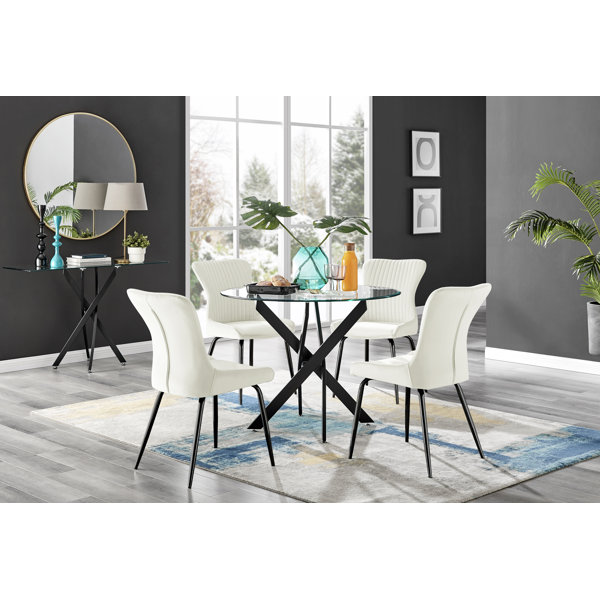 Furniture Box Tierra Modern Glass & Metal Round Dining Table Set & 4 ...