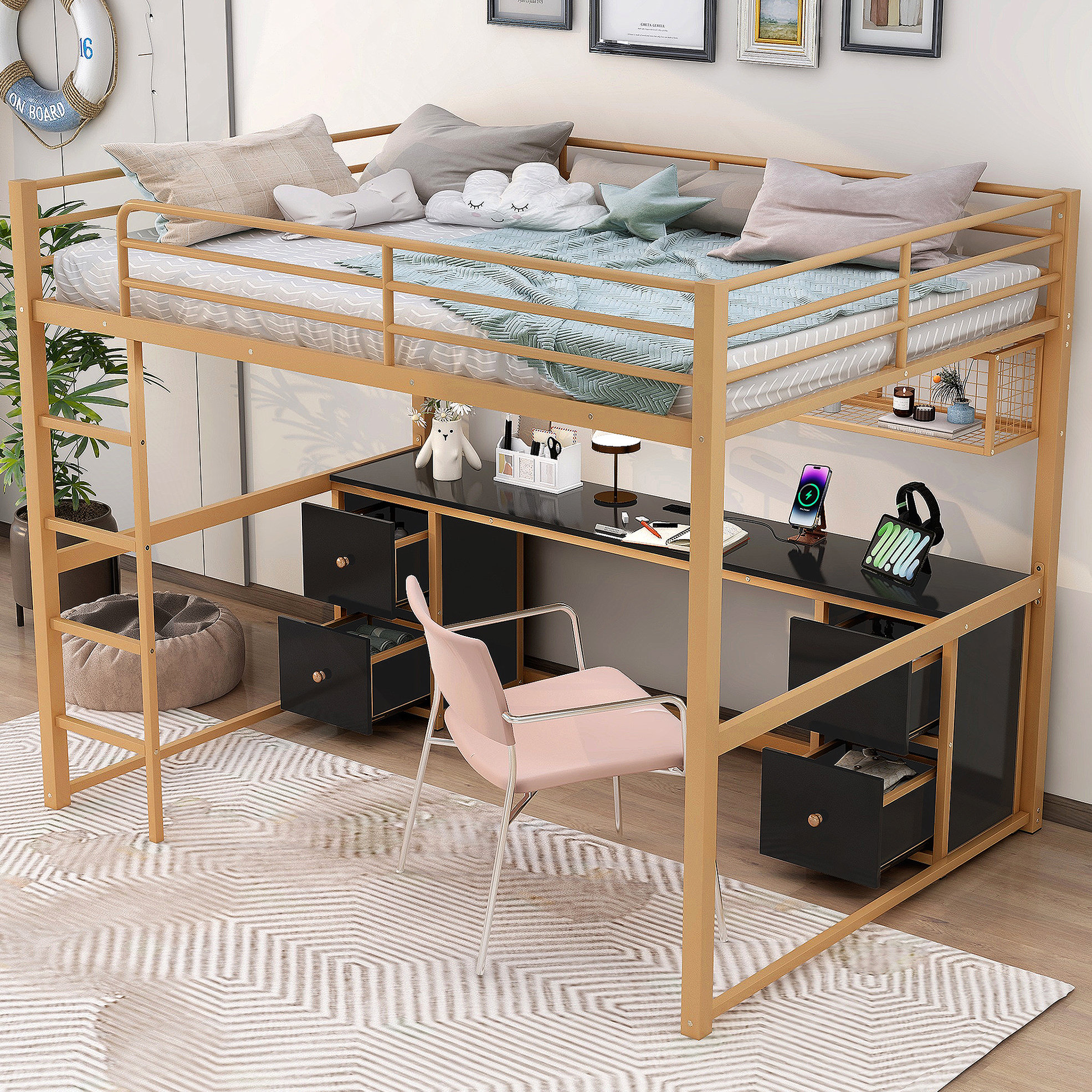 Ivy Bronx Full Size Metal Loft Bed with Desk, Drawers and Bedside Tray ...