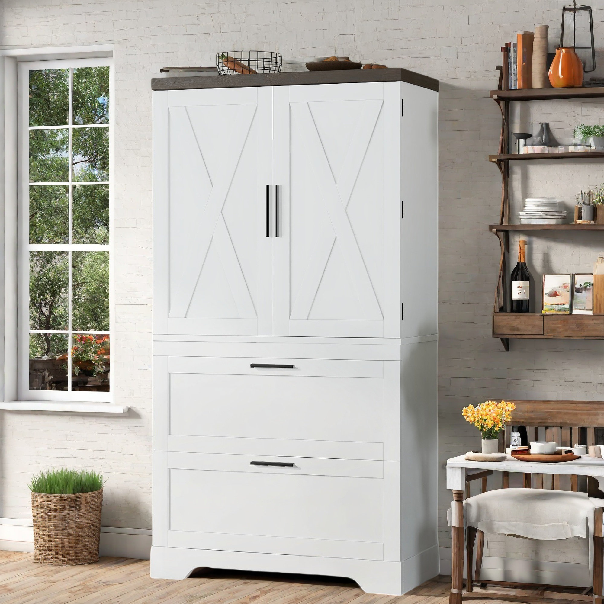 August Grove® Farmhouse Wooden Pantry With 2 Drawers, Storage Cabinet ...