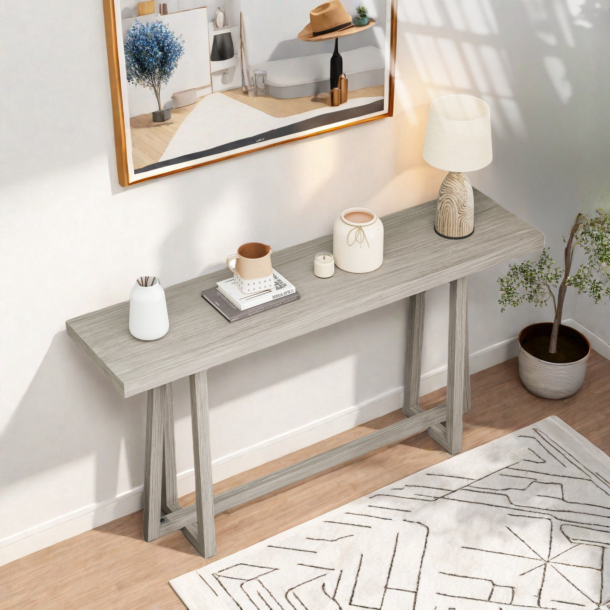 Gracie Oaks Long Rectangular Console Table With Wood Grain Design And ...