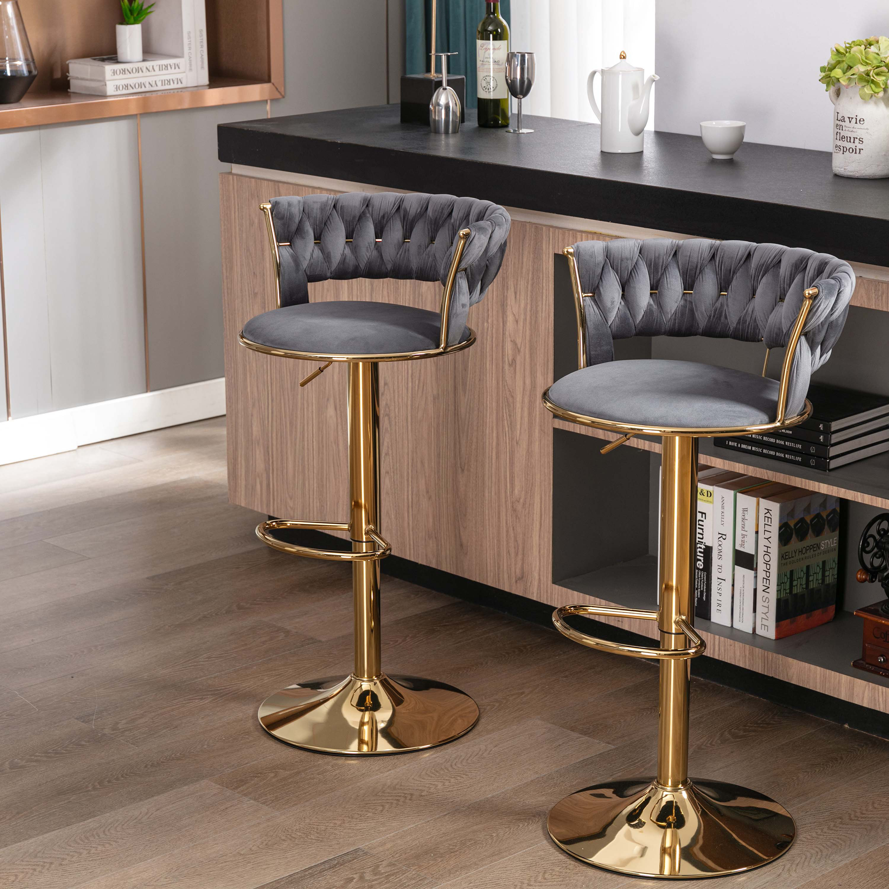 Everly Quinn Set of 2 Bar Stools,with Chrome Footrest and Base Swivel ...