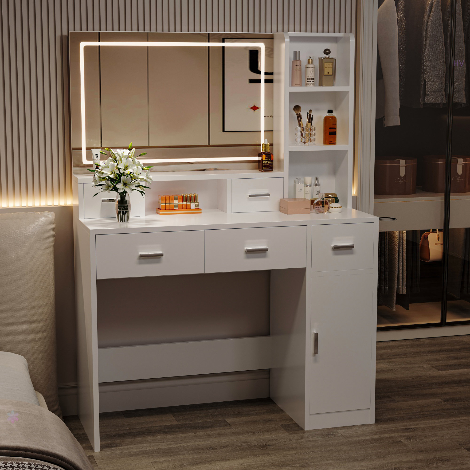 Ivy Bronx Dressing Table With LED 3-Color Illuminated Mirror And Power ...