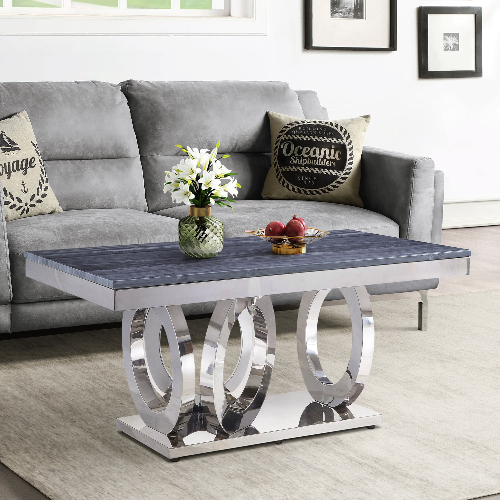 Plethoria Bretton Grey Faux Marble And Mirrored Silver Rectangle Coffee Table - Wayfair Canada