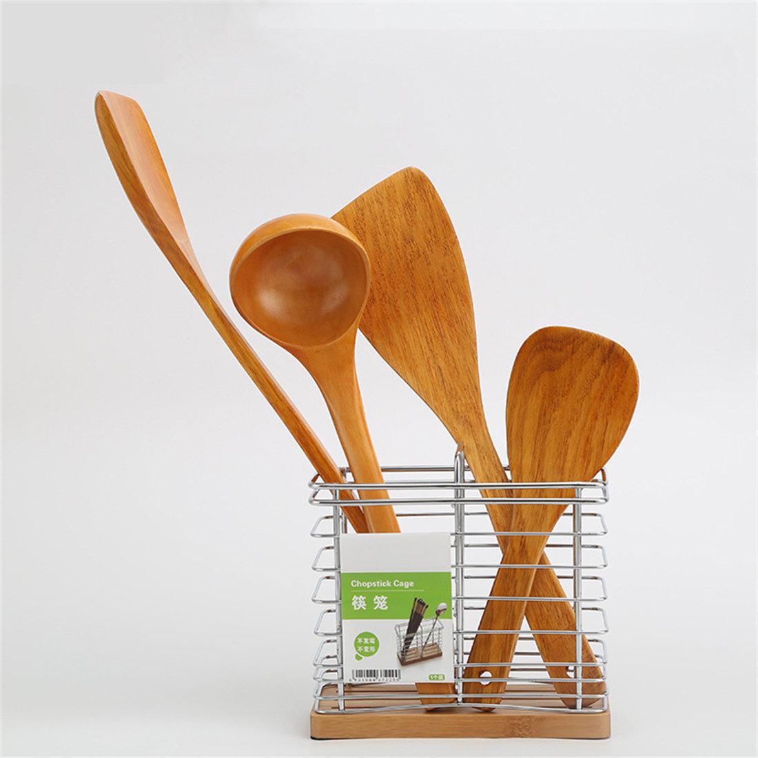 WKING 4PCS Wooden Utensil Set With Long-Handled Non-Stick Spatula ...