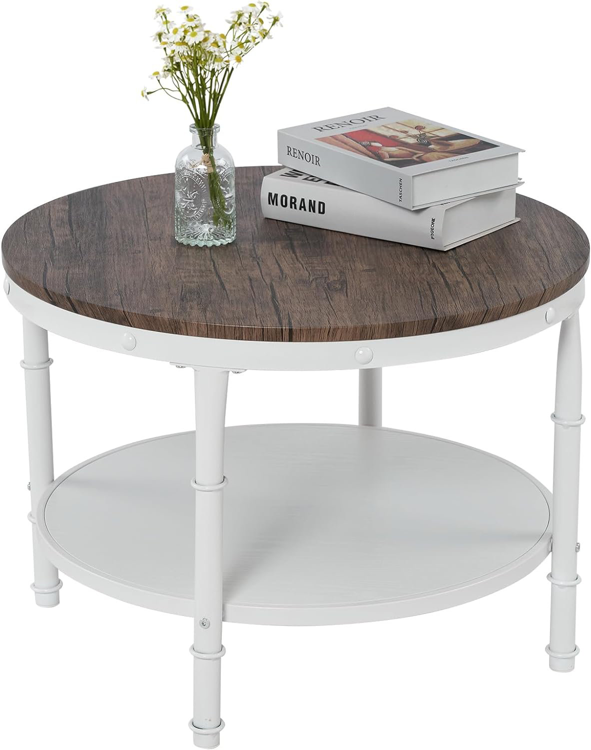 One Allium Way® 25.6" Round Farmhouse Coffee Table With 2-Tier Storage ...