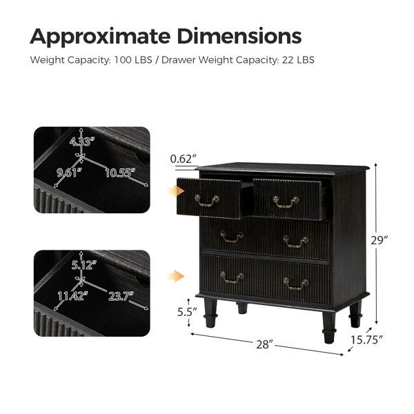 Canora Grey Kaybri 28"W Solid Paulownia Wood 4-Drawer Nightstand with ...