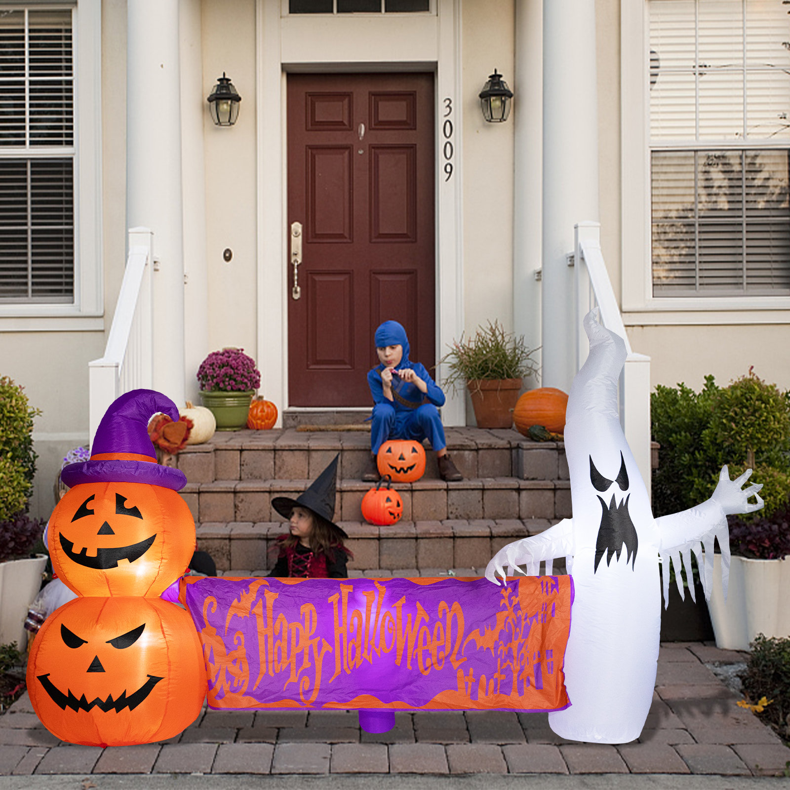 The Holiday Aisle® 8 Ft Halloween Inflatable White Ghosts with Lighted ...