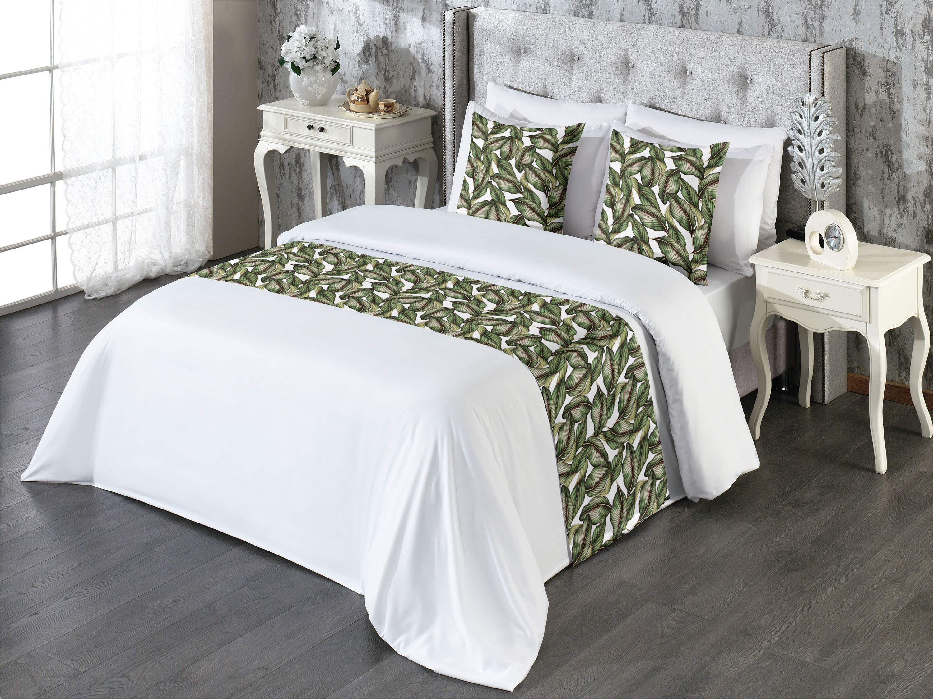 Ambesonne Leaf Print Bed Runner Set Art Exotic Leaves Jungle Green Seal ...