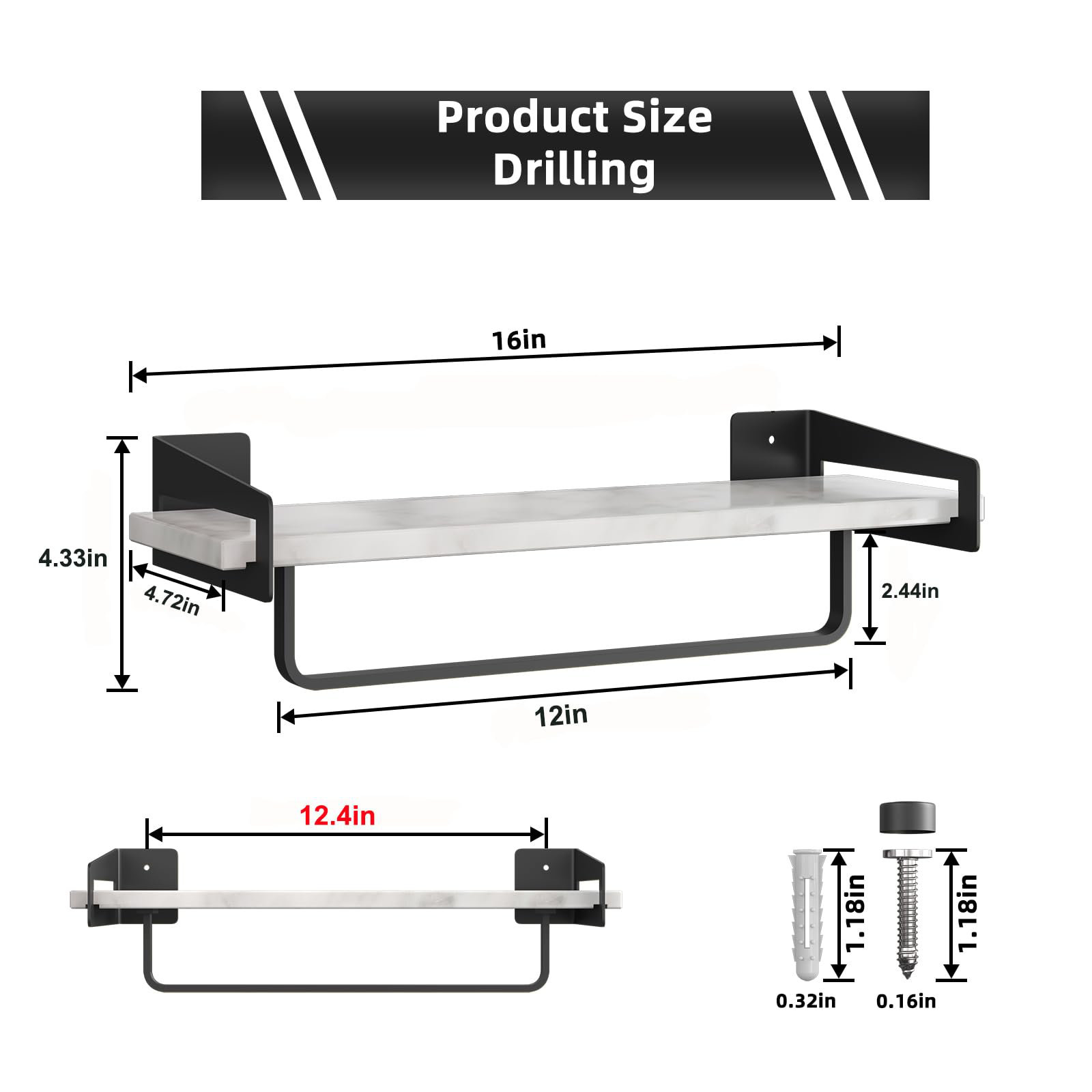 Brayden Studio Marble Bathroom Shelf With Towel Bar, 16" Metal Modern ...