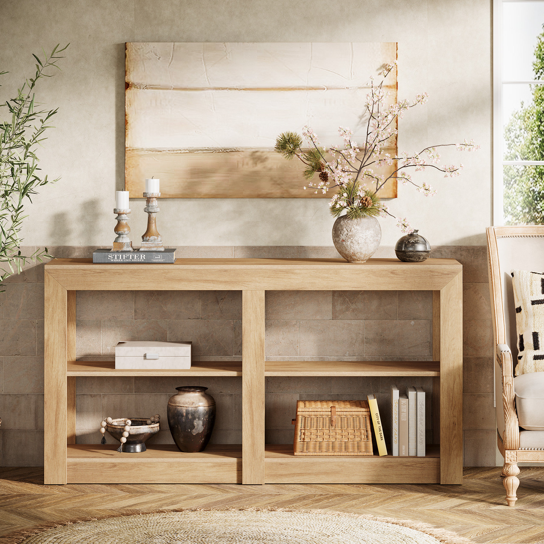 Ebern Designs 59-Inch Natural Console Table with Storage Shelves, 3 ...