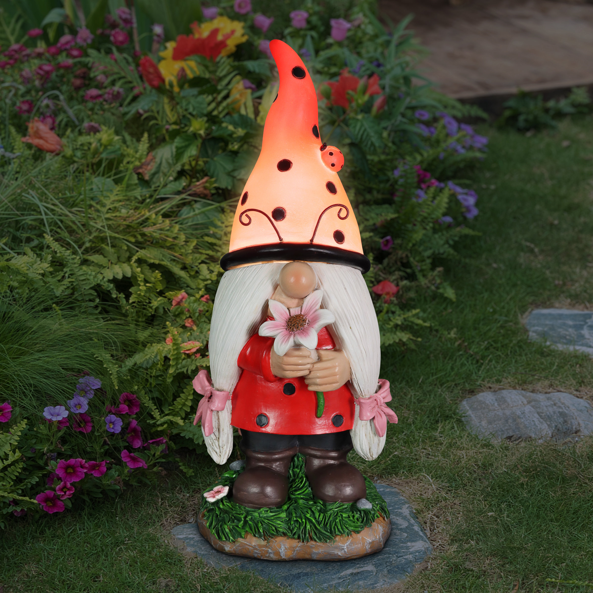 Exhart Solar Ladybug Hat Lady Gnome Statue with Flower, 5 by 12.5 ...