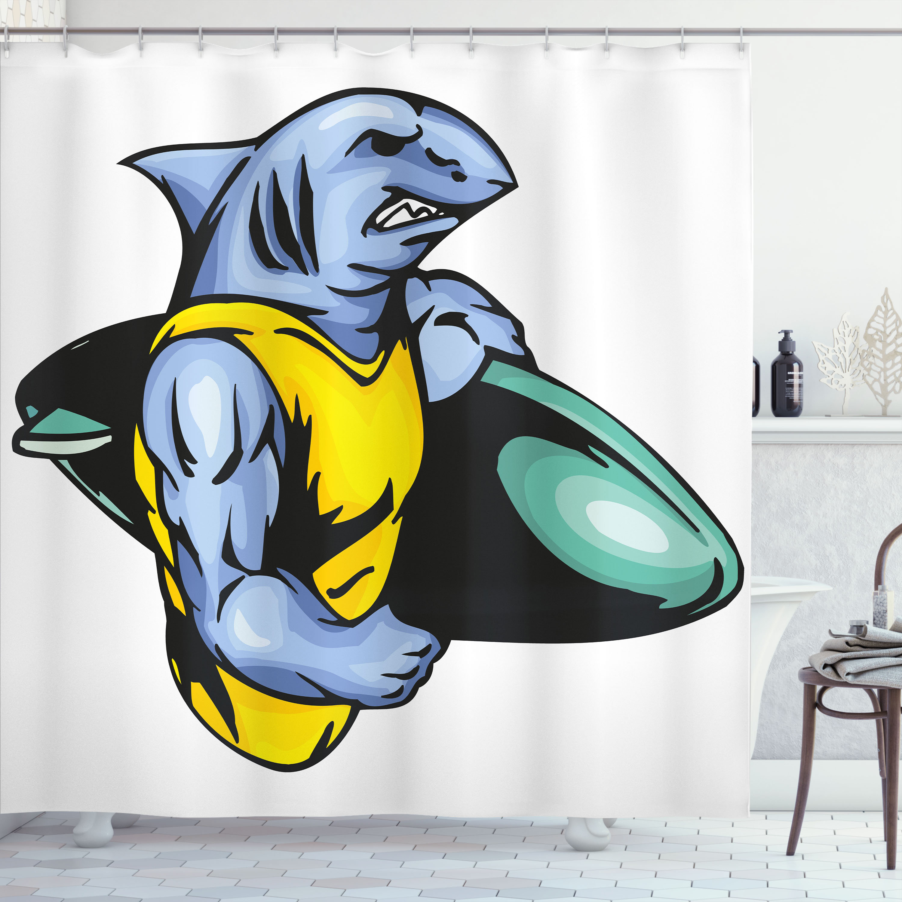 East Urban Home Shark Shower Curtain Grumpy Surfer Muscle Body Jade ...