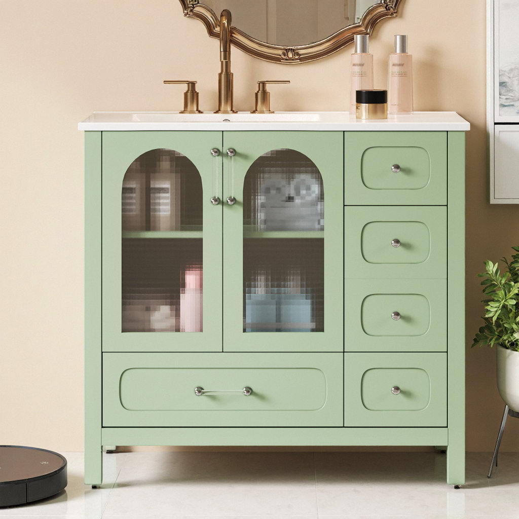 Winston Porter 36" Green Bathroom Vanity with Waffle Glass Doors ...