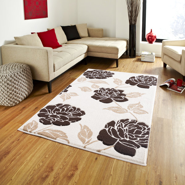 Rosdorf Park Hettick Floral Machine Woven Cream, Brown Area Rug ...