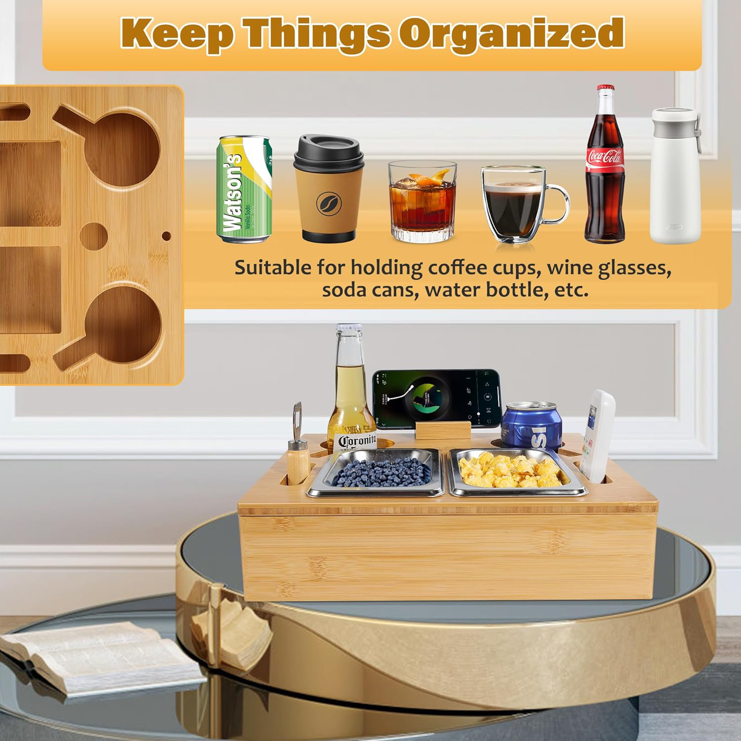 Ebern Designs Couch Cup Holder Tray, Wooden Couch Console Caddy, Snack ...