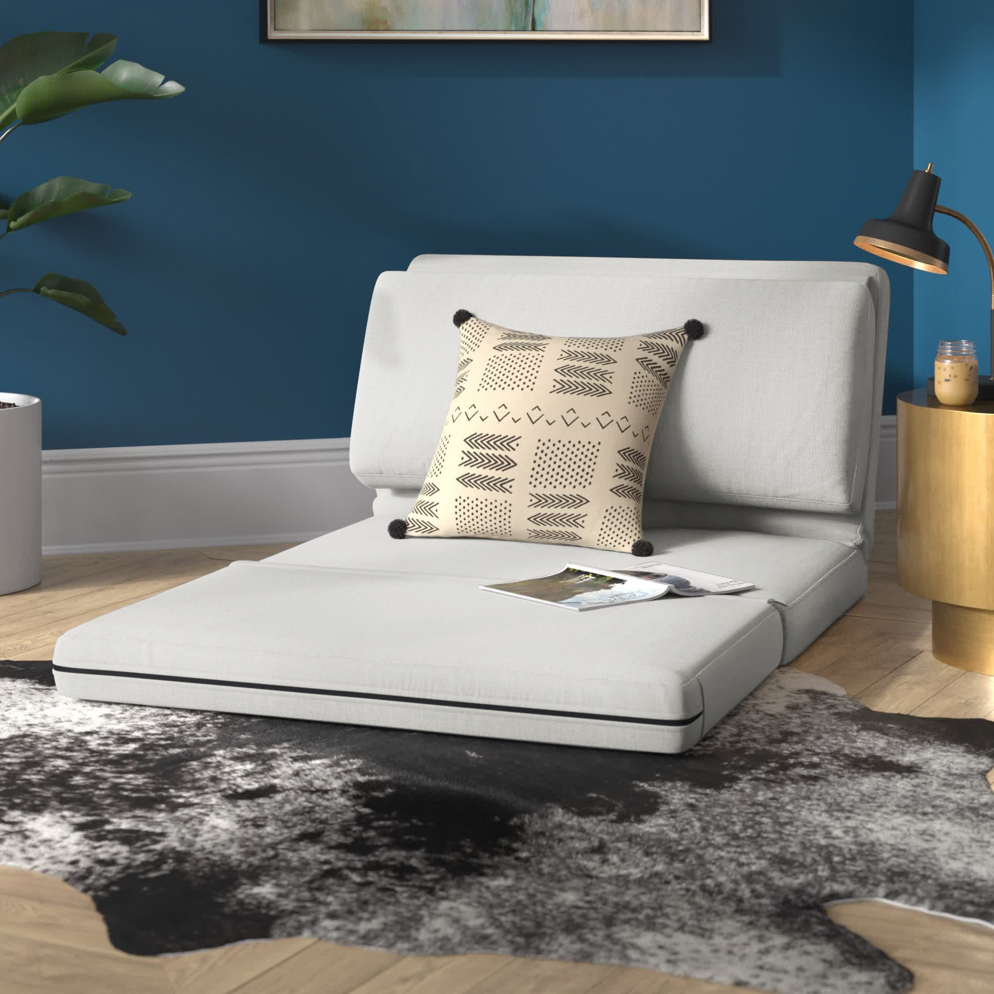 Mercury Row Futon Couch, Fabric Futon Sofa Bed with 2 Pillows for Small ...